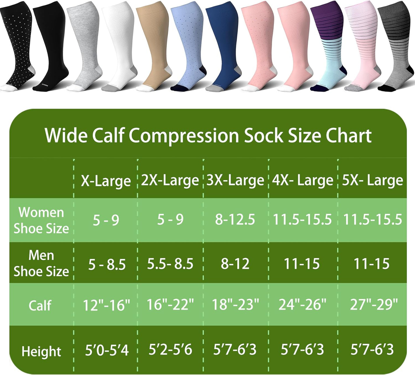 LEVSOX Wide Calf Compression Socks for Women&Men Plus Size 15-20mmHg K ...